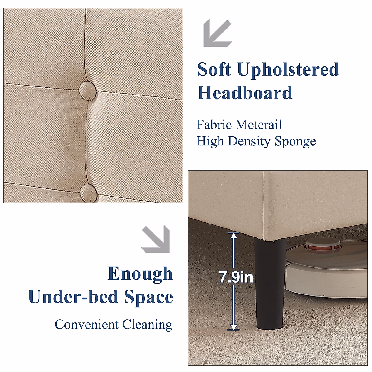 VECELO Twin Size Upholstered Bed Frame with Height Adjustable Fabric Headboard, Heavy-Duty Platform Bedframe/Mattress Foundation/Strong Wood Slat Support/No Box Spring Needed, BGE