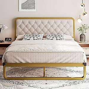 iPormis Queen Size Metal Bed Frame with Velvet Button Tufted Headboard, Curved Platform Bed Frame, Thicker Metal Steel Slats Support, 12'' Under-Bed Space, Noise-Free, Easy Assembly, Gold & Beige