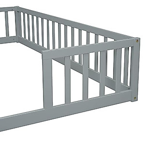 DEYOBED Double Bed, Twin Size Floor Bed with Fence and Guardrails, Minimalistic Wood Bed Without Door for Kids, Boys, Girls, Bedroom, 2 Twin Bed in One Design, Easy to Assemble, Gray