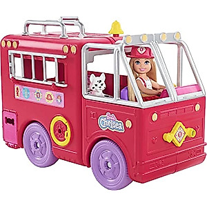 Barbie Chelsea Can Be Doll & Toy Fire Truck Playset with Blonde Small Doll, 2 Pets & 15+ Accessories, Open for Fire Station