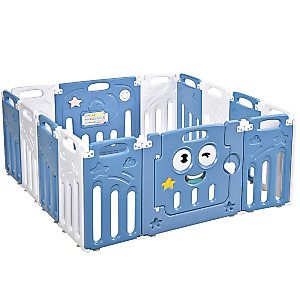 HONEY JOY Baby Play Yards, 14 Panel Foldable Baby Playpen, Anti-Slip Base & Lockable Safety Gate, Indoor Large Baby Fence Play Area for Babies and Toddlers (Blue, 14 Panel)