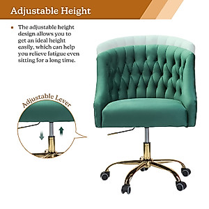 Velvet Home Office Chair with Gold Base, Comfortable Modern Cute Desk Chair, Adjustable Swivel Task Chair for Living Room Bedroom Vanity Study, Green