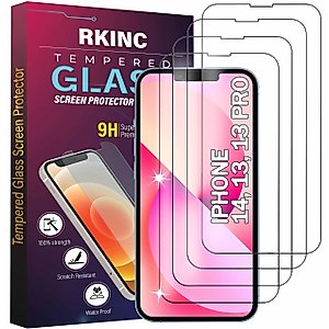 RKINC Screen Protector [4-Pack] for iPhone 16E/ iPhone 13 / iPhone 13 Pro/iPhone 14 6.1-Inch, Tempered Glass Film Screen Protector, 0.33mm [LifetimeWarranty][Bubble-Free][Anti-Scratch][Anti-Shatter]