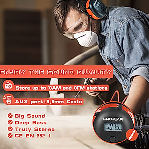 PROHEAR 027 AM FM Radio Headphones with Digital Display, 25dB NRR, Safety Ear Protection Earmuffs for Mowing, Snowblowing, Construction, Work Shops - Orange