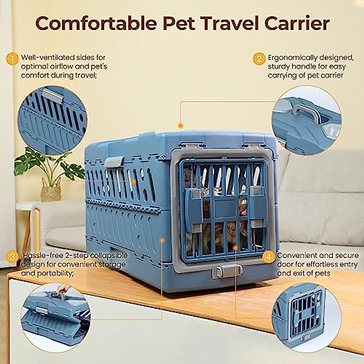 FULUPET Collapsible Dog Crate, 22 Inch Collapsible Dog Kennel, Travel Dog Crate Breathable Travel Carrier, Foldable 360° Ventilation Lightweight Travel Crate for Small Dogs and Cats