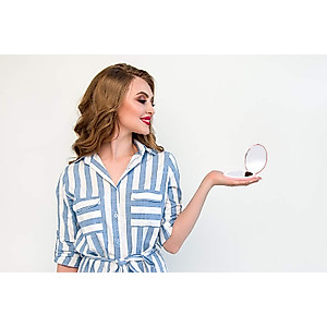 WOBANE LED Travel Makeup Mirror, 3.5 inch Lighted Compact Mirror, 10X Magnification, Handheld, Double Sided, Portable Folding Mirror for Pocket, Purse, Gift, Pink, Round