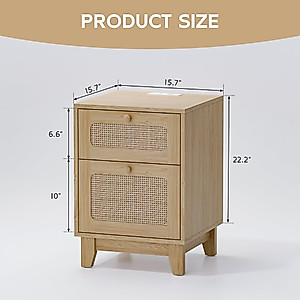 Modern Rattan Nightstand Set of 2, Wicker Rattan Stand with Drawer and Charge Station, Wooden Bedside Table for Small Spaces, Natural Wood Side Table for Bedroom (with Charging Station, 2)