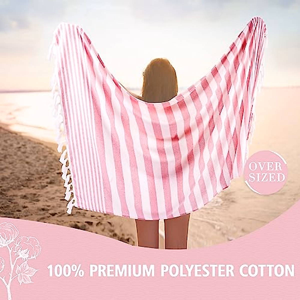 Plauthus Turkish Beach Towel 2 Pack-39” x 71”-Oversized & Sand Proof & Quick Dry & Compact-Extra Lager Cotton Beach Towels for Adults on Beach, Bath, Pool, Travel, Yoga, Camping- Pink