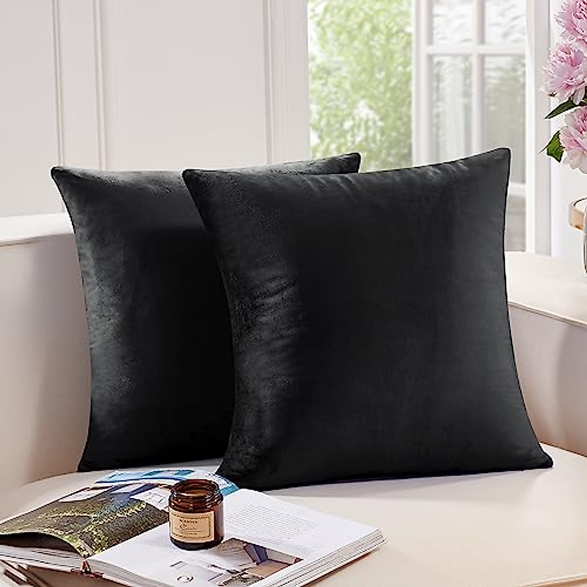 Deconovo Decorative Velvet Throw Pillow Covers for Couch 22x22 in Set of 2, Soft Square Black Cushion Cases for Sofa Living Room Bedroom Home Decor