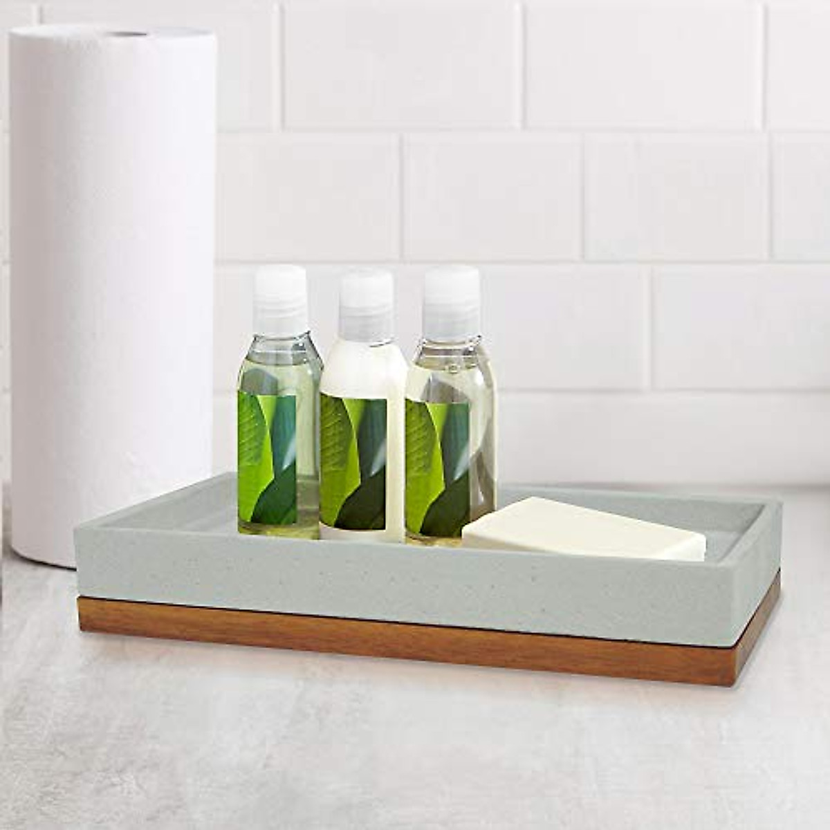 nu steel Concrete, made of cement Storage Organizer Tray for Bathroom Vanity Countertops, Closets - Holder for Watches, Earrings, Makeup Brushes, Reading Glass, Perfume, Guest Hand Towel - Stone/brown