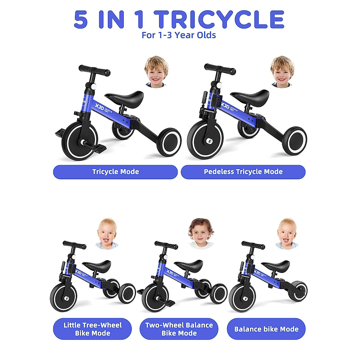 ﻿XJD 5 in 1 Toddler Bike, Tricycle for Toddlers 1-3 with Adjustable Seat Height, Removable Pedals, Ideal Balance Bike Birthday Gifts and Toys for Boys and Girls (Blue)