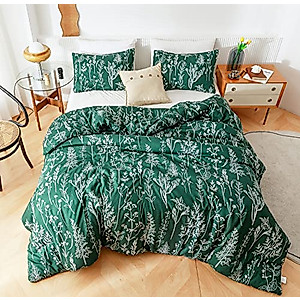 JANZAA Duvet Cover Queen Size,3 Pieces Floral Emerald, Botanical Green Duvet Cover,Microfiber Soft Bedding Set with Zipper Closure 4 Ties (2 Pillow Cases)