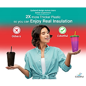 COLORPUL 24oz Plastic Tumblers - 9 Pack Color Changing Cups With Lids and Straws - Reusable Smoothie Cups for Kids