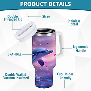 Slewiaeky Skinny Rose Flower 40 oz Tumbler with Handle Straw and Lid Dolphin Stainless Steel Vacuum Insulated Reusable Water Bottle Glasses Travel Mug Thermal Cup for Home Office Car