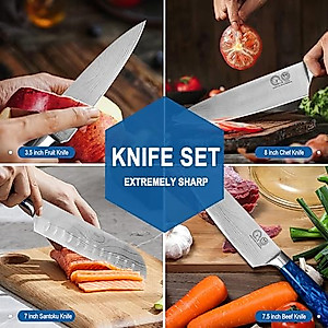 XYJ Authentic Since1986,Professional Knife Sets for Master Chefs,Knife Set with Bag,Case, Scissors,Culinary Kitchen Butcher Knives,Cooking Cutting,Damascus Laser Pattern (Blue)