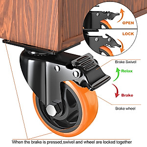 4 Inch Caster Wheels, Casters Set of 4 Heavy Duty, Industrial Casters with Brake, Polyurethane Foam No Noise Casters, Locking Swivel Plate Casters for Furniture&Workbench Cart(Free Two Hardware Kits)