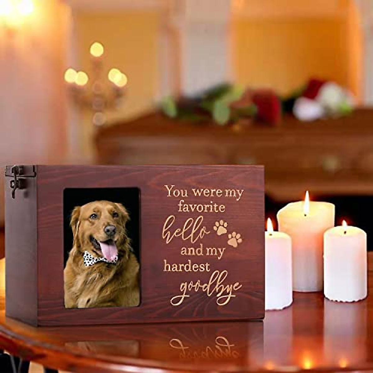 Pet Memorial Urns for Dog or Cat Ashes, Large Wooden Funeral Cremation Urns with Photo Frame, Memorial Keepsake Memory Box with Black Flannel as Lining, Loss Pet Memorial Remembrance Gift