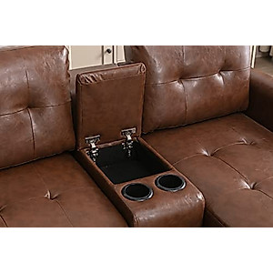 FANYE L-Shaped Corner Sectional Reversible Storage Chaise, Modern Convertible Sofa & Couch W/Headrest and Cupholders for Home Apartment Office Living Room, Brown PU Leather