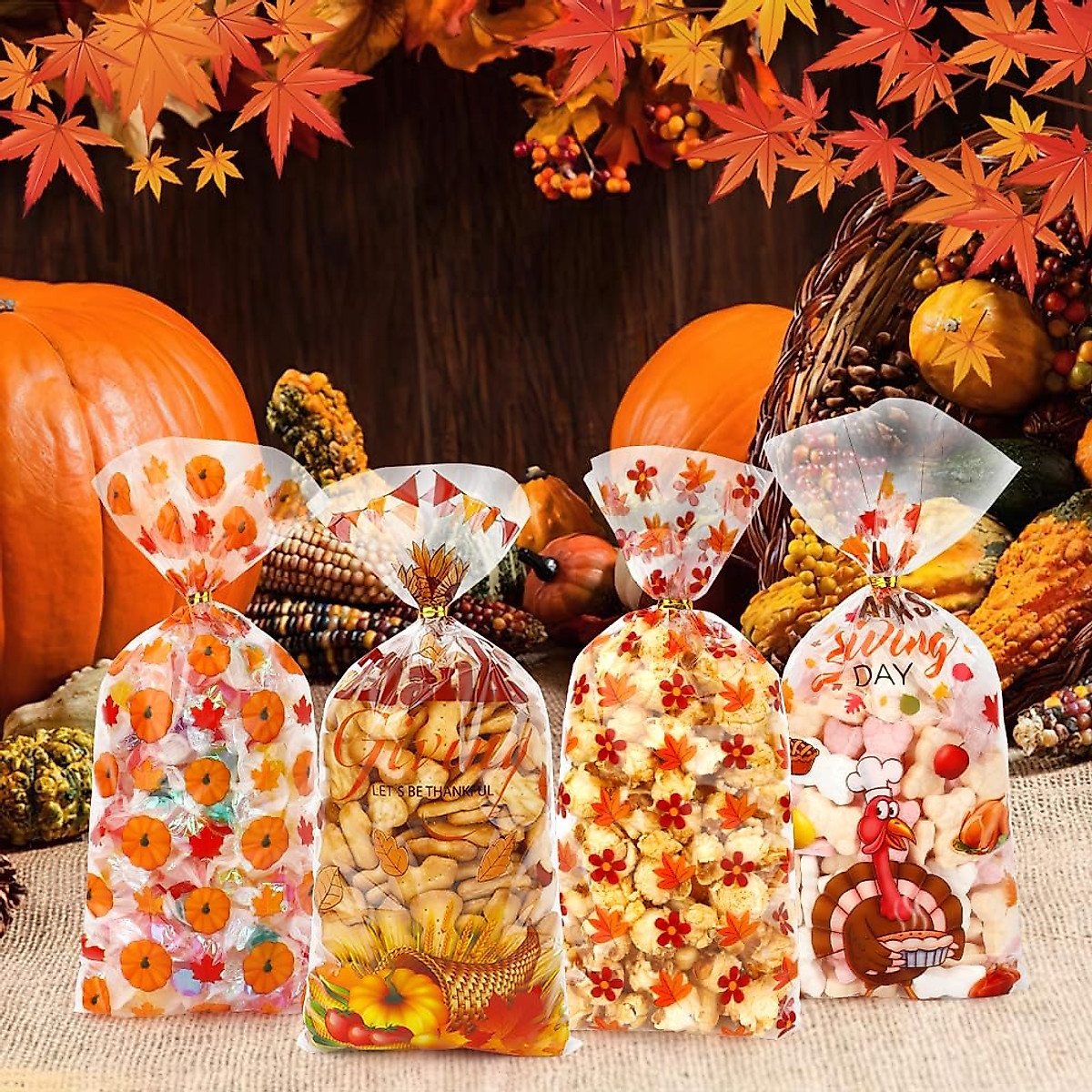 STPIYFZU Thanksgiving Treat Bags, 50 Pcs Fall Cellophane Treat Bags, Pumpkin Maple Leaf turkeys Candy Goodie Treat Bags with Twist Tie for Thanksgiving Fall Autumn Theme Party Favor Bag (4 Styles)