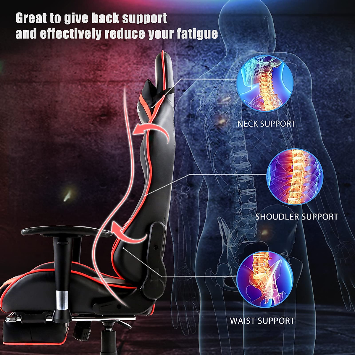FICMAX Massage Gaming Chair Ergonomic Gamer Chair with Footrest Reclining Computer Gaming Chair Racing Style Home Office Chair High Back Gaming Desk Chair with Headrest and Lumbar Support(Black/Red)
