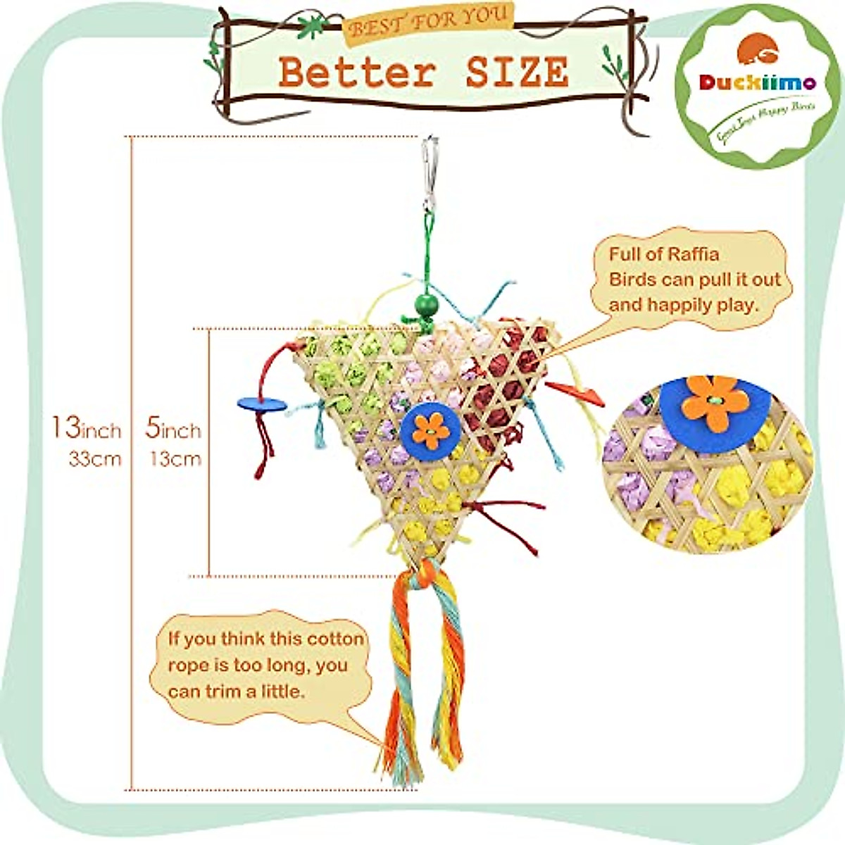 Duckiimo Bird Parrot Shredding Toys, Parakeet Chewing Foraging Toys, Bamboo Rattan Loofah Parrot Cage Hanging Shredder Toys for Parakeets, Conure, Cockatiels, Budgies, Amazon Parrots 9.5" 14.2"