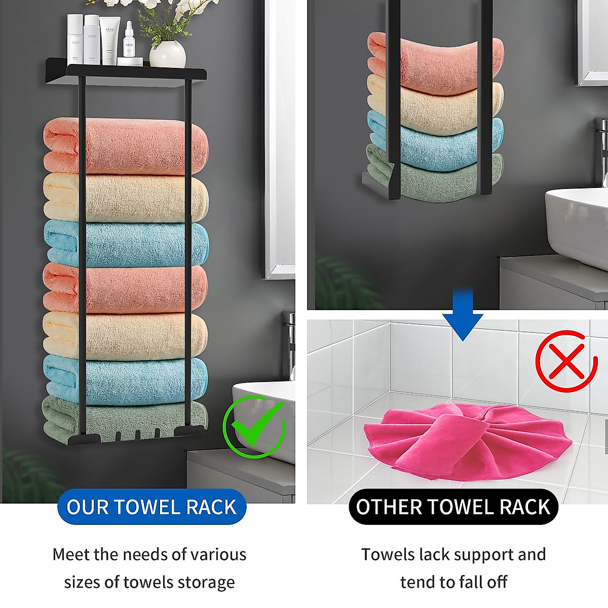 Filta Towel Rack with Shelf for Bathroom Wall Mounted,Retractable Height Metal Bath Towel Rack with Reliable Hooks Storage for Rolled Towel（Black）