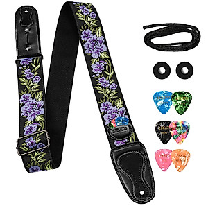 LEKATO Flower Bass Strap, Flower Guitar Strap for Bass, Electric & Acoustic Guitar 2" Wide Guitar Straps with Leather Ends Artistic Woven Guitar Straps with Pick Holder 2 Safty Strap Locks & 6 Picks