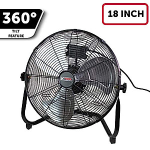 K Tool International 77721; 18” Floor Fan; Commercial, Residential, and Industrial Use, 3 Speed High Velocity Motor, Multiple Angle Tilt for Various Positions, 2,447 Max CFM, 1 Year Warranty, Black