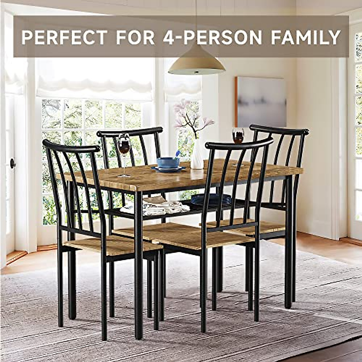 IDEALHOUSE 5 Piece Dining Table Set for 4, Kitchen Table and Chairs for 4 with Storage Rack, Metal and Wood Rectangular Dining Room Table Set for Kitchen, Dining Room, Dinette, Rustic Brown