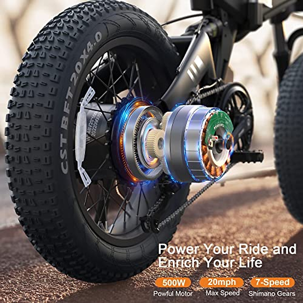 Wooken Electric Bike, 20'' Fat Tire for Adults, 500W Folding with 48V 10Ah Battery, Shimano 7 Speed Gears, Dual Shock Absorber, 20MPH Ebike Commute Mountain Beach Snow.