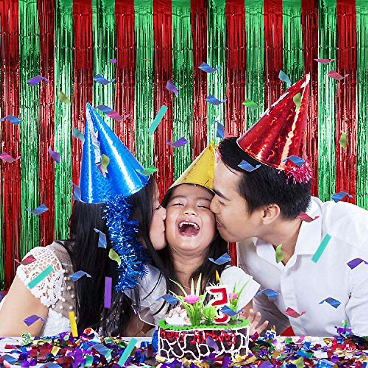 Sumind 3 Pack Metallic Tinsel Curtains, Foil Fringe Shimmer Curtain Door Window Decoration for Birthday Wedding Party (Red with Green)