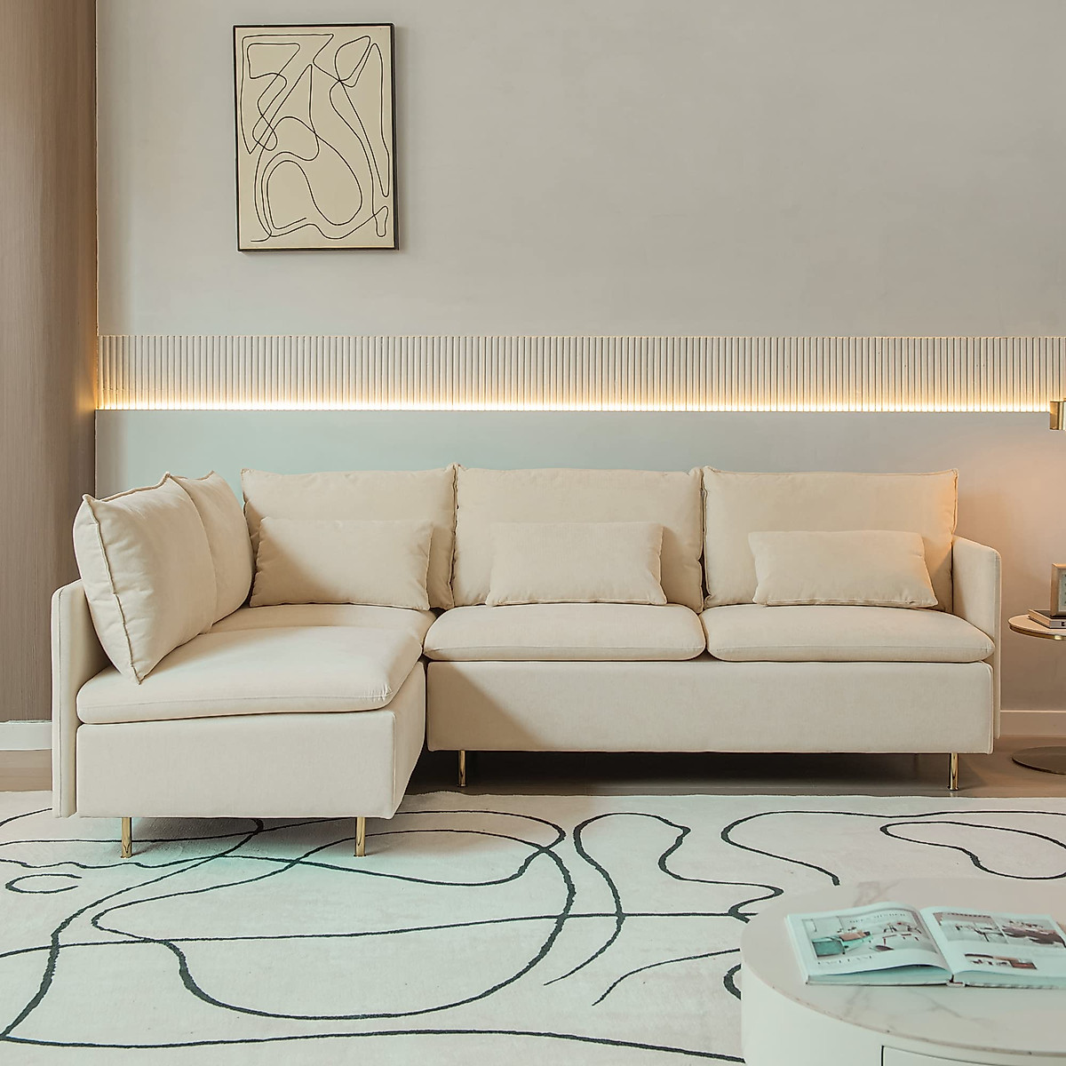 kevinplus 90.9'' Modern Sectional Sofa Couch for Living Room, Modular L-Shaped Corner Sofa Couch 3- Seat for Apartment Studio Home Office, Metal Leg and Cotton Linen Fabric, Beige