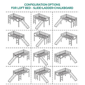Naomi Home Cindy Kids Loft Bed with Slide, Twin Loft Bed with Slide, Toddler Loft Bed with Slide, Loft Bed Slide with Ladder, Chalkboard, Pine Wood Space Saving Kids Bed Frame for Boys, Girls, White