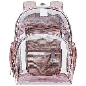 F-color Clear Backpack Heavy Duty - Large Clear Backpacks for School PVC Transparent Bookbag for Students Work Stadium Travel,Pink