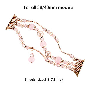 Suppeak Band Compatible with Apple Watch 38mm 40mm 41mm, Women Girl Elastic Handmade Pearl Bracelet Replacement for Series SE 7 6 5 4 3 2 1, Pink
