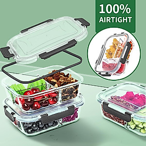 Skroam 5-Packs 36OZ Glass Airtight Food Storage Containers 3 Compartments, Glass Meal Prep Container Set with Lids for Pantry Kitchen Organizers and Storage, BPA Free Glass Lunch Boxes Bento