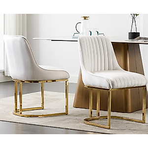 EALSON Velvet Upholstered Dining Chairs Set of 2 Modern Accent Dining Room Chairs with Gold Metal Base Comfy Padded Kitchen Chairs Armless Side Chairs for Kitchen Dining Room, Cream
