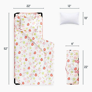 Wake In Cloud - Cot Nap Mat with Pillow and Blanket, for Toddler Kids Boys Girls in Daycare Kindergarten Preschool Pre K with Elastic Corner Straps, Cute Strawberry on Ivory