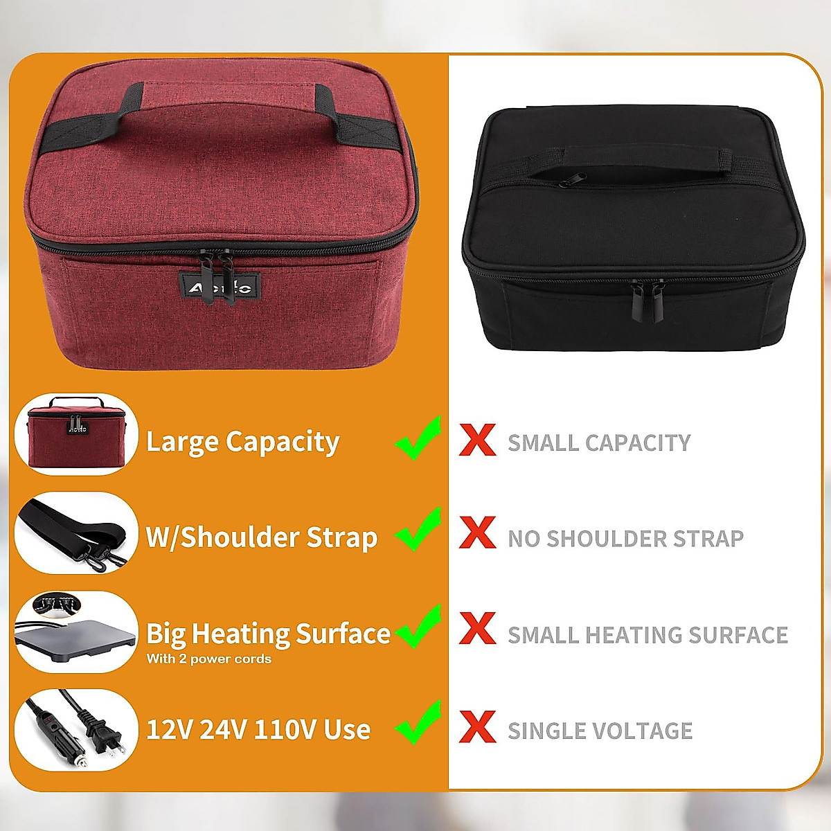 Aotto Electric Lunch Box Food Heater - 12V/24V/110V 3-in-1 Portable Oven & Food Warmer, Heated Lunch Box for Adults, Cook, Reheat, Keep Meals Warm for Car, Truck, Office, Travel, Home - Red