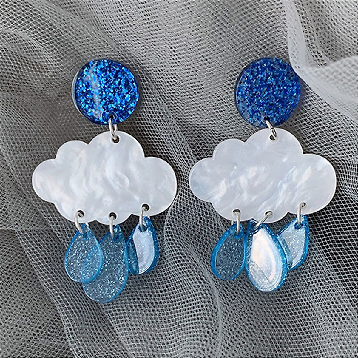 SLSF Unique Lightweight Cute Creative Clouds Water Droplets Dangle Drop Earrings Acrylic Weather (Blue)
