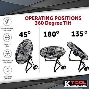 K Tool International 77722; 20 Inch, High Velocity Quick Mount Floor Fan, Converts to Wall Fan, 3- Speed Motor, 360 Degree Tilt, Ideal Fan for Home or Office, 5.5 Foot Cord, 2,989 Max CFM, Black