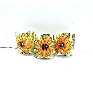 Decorative Small 1 1/2 Inch Off White Plastic Battery Operated Flameless Flickering Flame Votive Candles Set of Three with Hand Painted Sunflowers Boho Decor Goddess Arts Collection