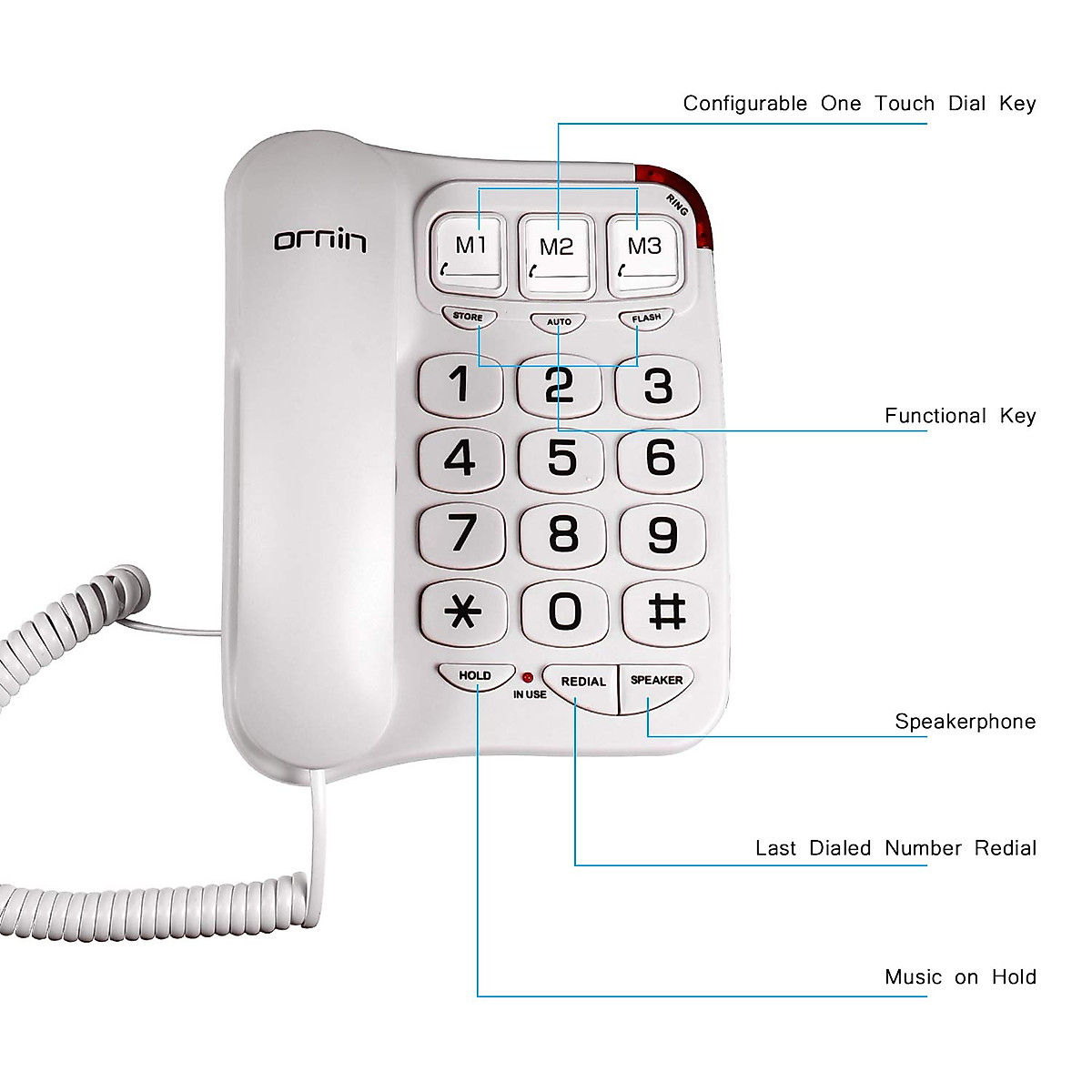 Ornin S016+ Big Button Corded Telephone with Speaker, Desk Phone Only (Off-White)
