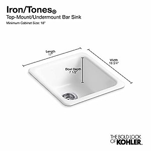 KOHLER 6584-0 Iron/Tones Top-Mount/Undermount Single-Bowl Kitchen Sink, 17" W x 18-3/4" L, White