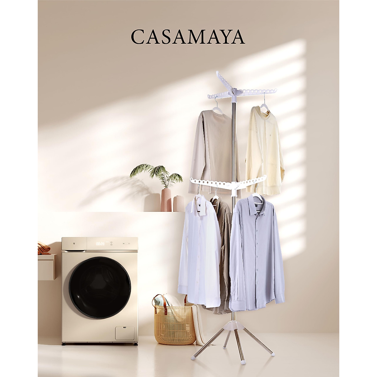 CASAMAYA Clothes Drying Rack Foldable, 74.8 inch 2 Tier Laundry Drying Rack with Rotating Clothes Rail for 54 Pieces of Clothes, Space Saving, Indoor, Stainless Steel, White and Silver CDR002W01