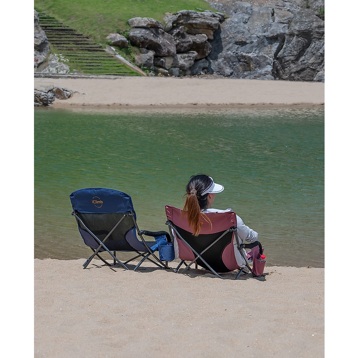 iClimb Low Wide Beach Camping Folding Chair with Side Pocket and Carry Bag (1, Dry Rose)