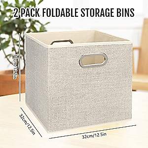 BiSiViO 13 Inch Fabric Cube Organizer, Foldable Cube Storage Bins Basket, Closet Organizers Box, Home Organizers with Handle for Shelves, Closet, Kallax, Office, 2 Packs (Beige)