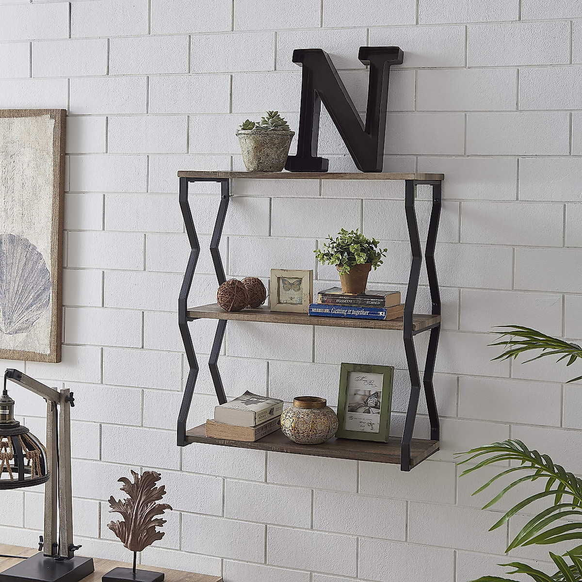Danya B Rustic Industrial 3-Tier Zigzag Floating Wall Shelf GH20190 | Wall Mounted Shelf for Pictures, Decor, Art, Houseplants | Industrial, Rustic, Farmhouse Style