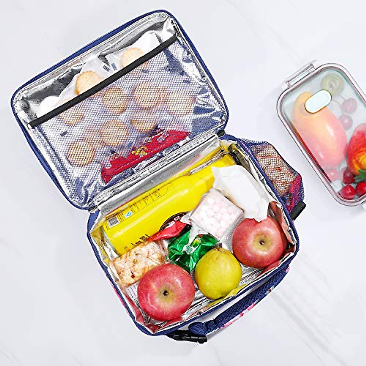 Amersun Kids Lunch Bag, Insulated School Lunch Bag with Padded Liner Keeps Food Warm Cold Longer Time,Thermal Travel Office Lunch Cooler for Teen Girls-2 Pocket,Blue Rose