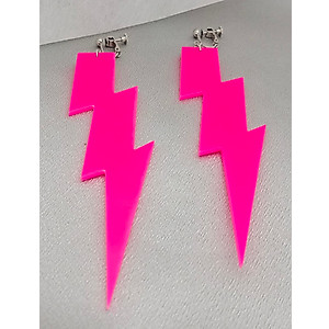 80S Neon Earrings Exaggerate Punk Lightning Bolt Clip on Earrings Halloween 1980s Party Non Pierced Clip Earrings for Women (rose red)